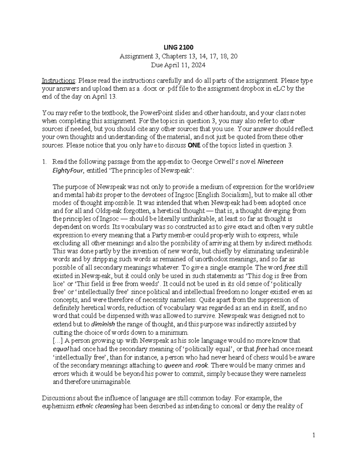 Niharika Saini - LING 2100 assignment 3 - LING 2100 Assignment 3, Chapters 13, 14, 17, 18, 20 ...