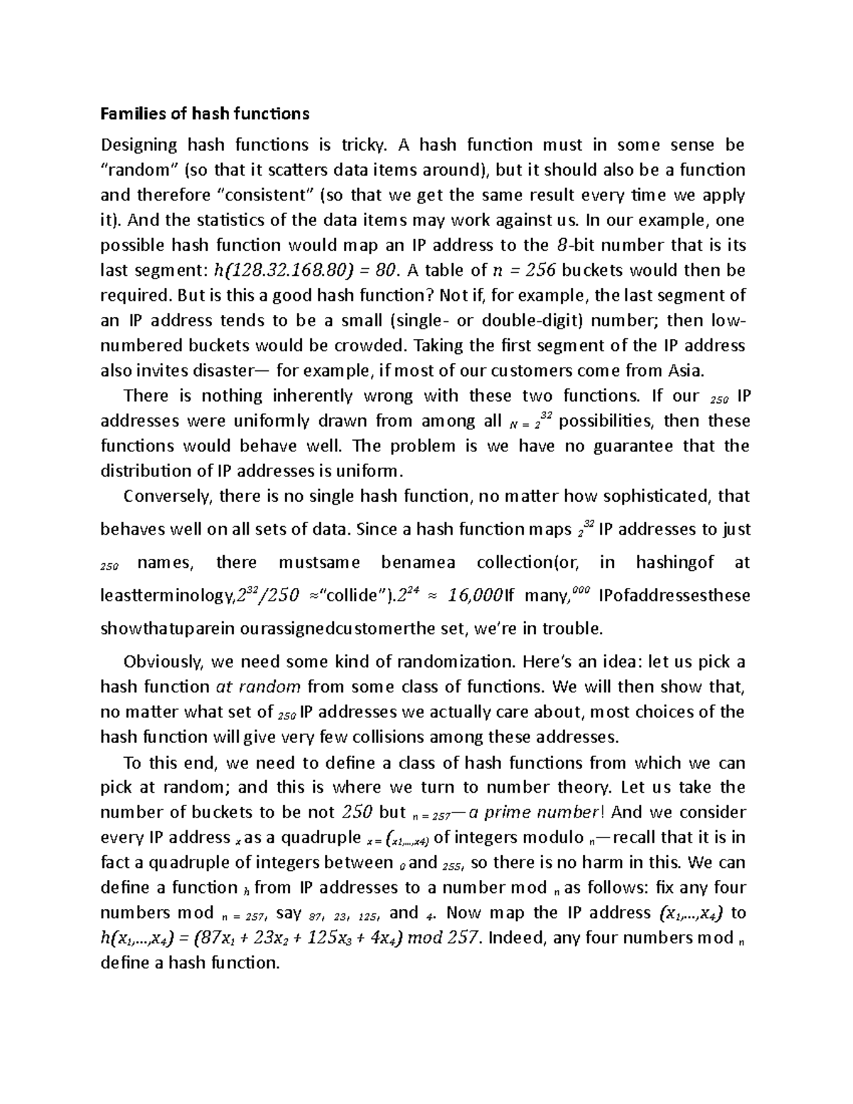 Families of hash functions - Families of hash functions Designing hash ...