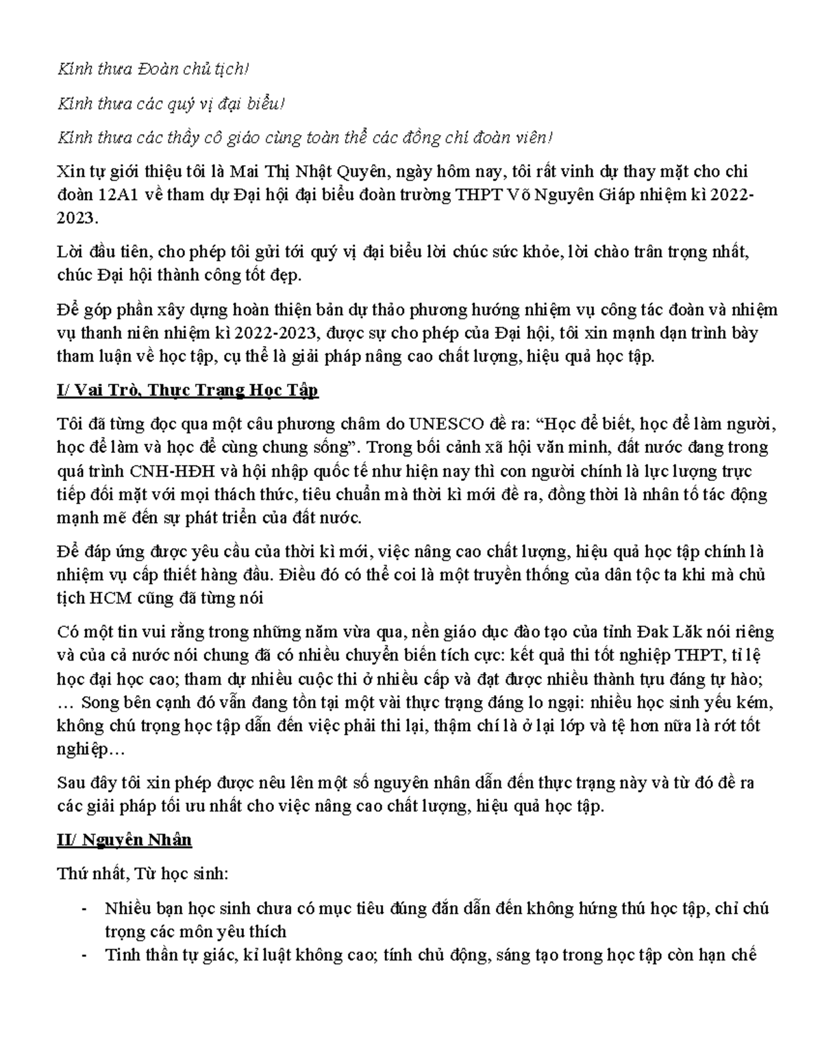 bai bao cao cap 3 - Kính thưa Đoàn chủ tịch! Kính thưa các quý vị đại biểu! Kính thưa các thầy ...