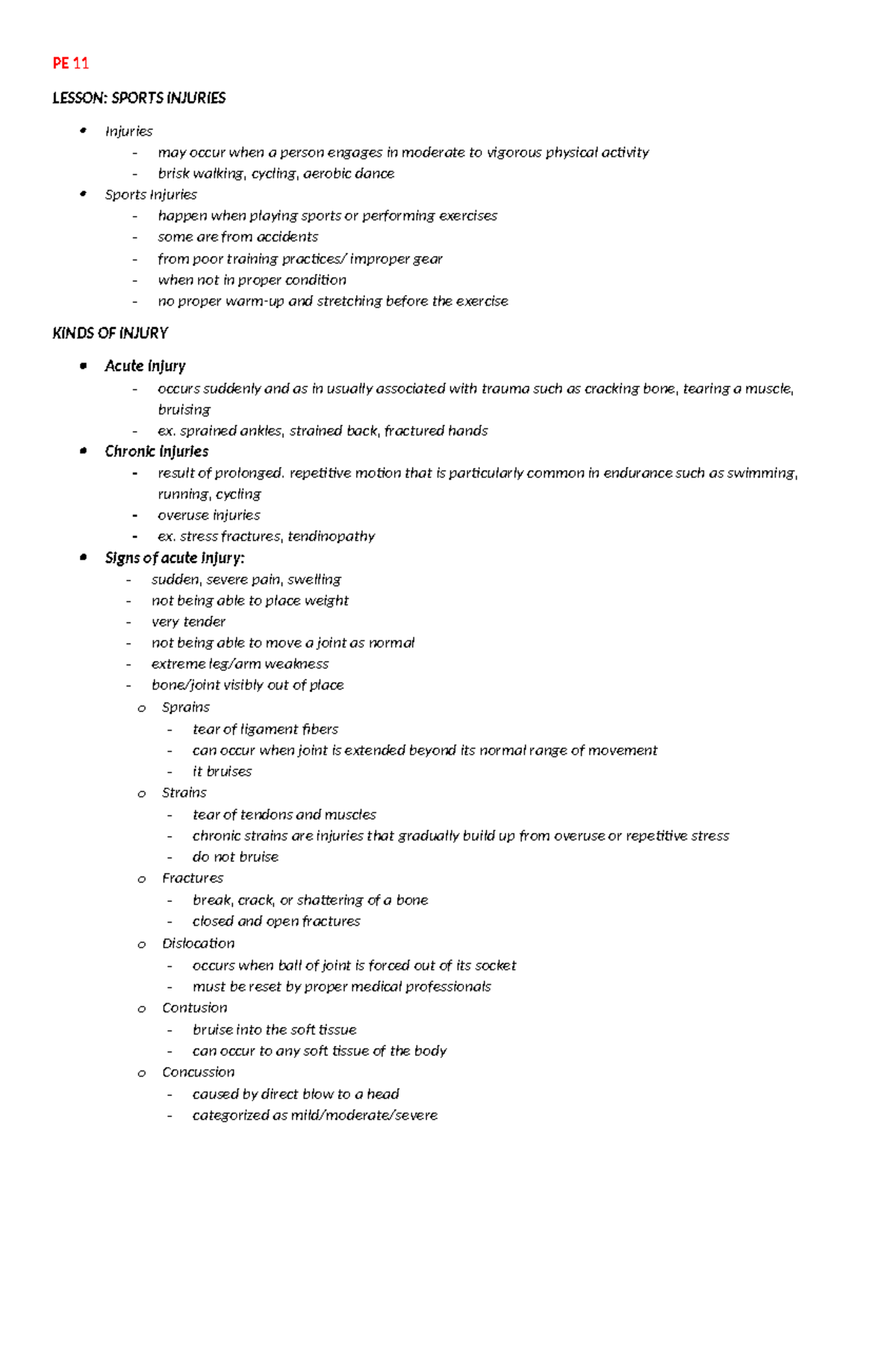 Pe quiz - Injuries - PE 11 LESSON: SPORTS INJURIES Injuries - may occur ...