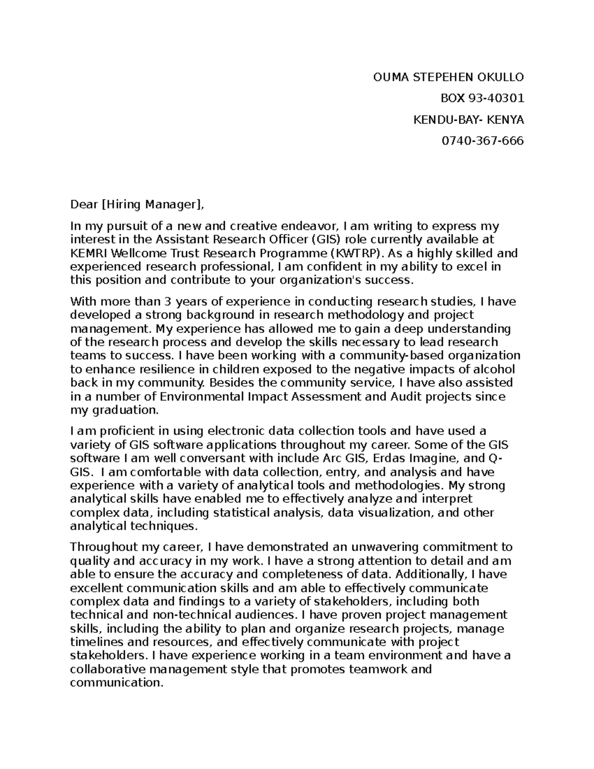 Application letter - excellent course material - OUMA STEPEHEN OKULLO ...