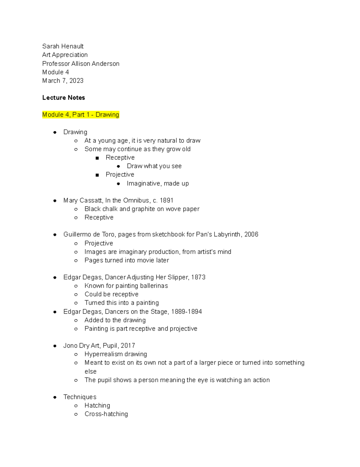 Sarah Henault - Art Appreciation Module 4 Lecture Notes - Sarah Henault ...
