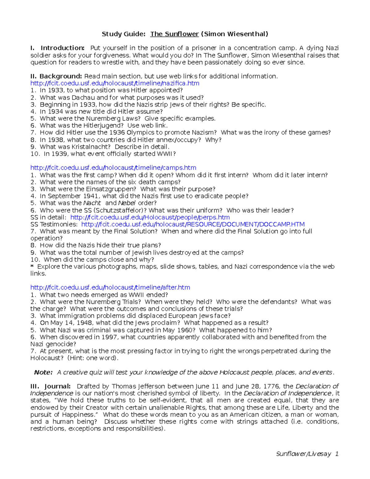 Sunflower-Study-Guide - Religion 300 - Study Guide: The Sunflower ...