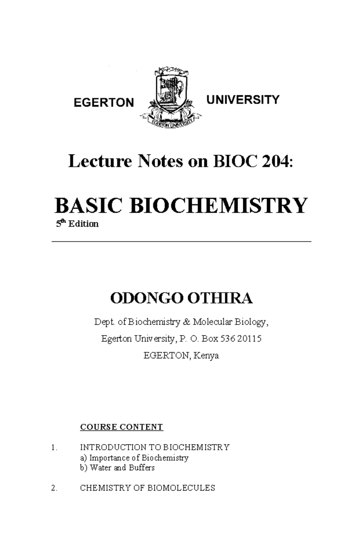 Lecture Notes Basic Biochemistry - Lecture Notes on BIOC 204: BASIC ...