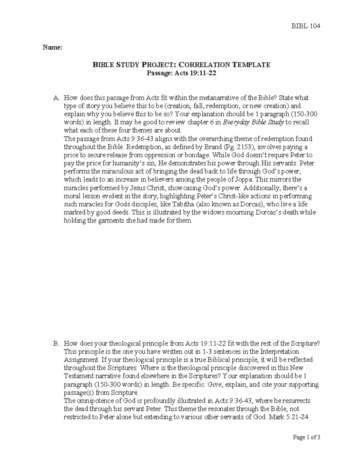 Bible Study Project Correlation - BIBL 104 Name: BIBLE STUDY PROJECT ...