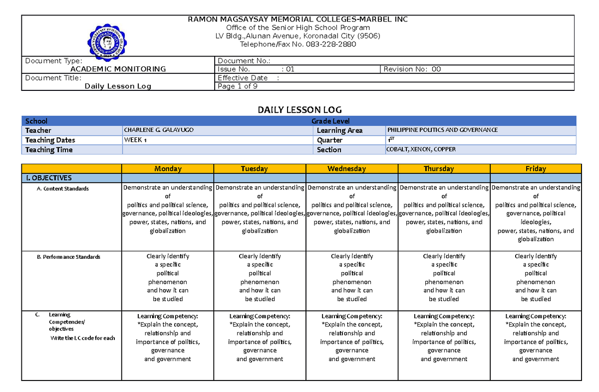 Lesson 1 - DAILY LESSON LOG School Grade Level Teacher CHARLENE G ...