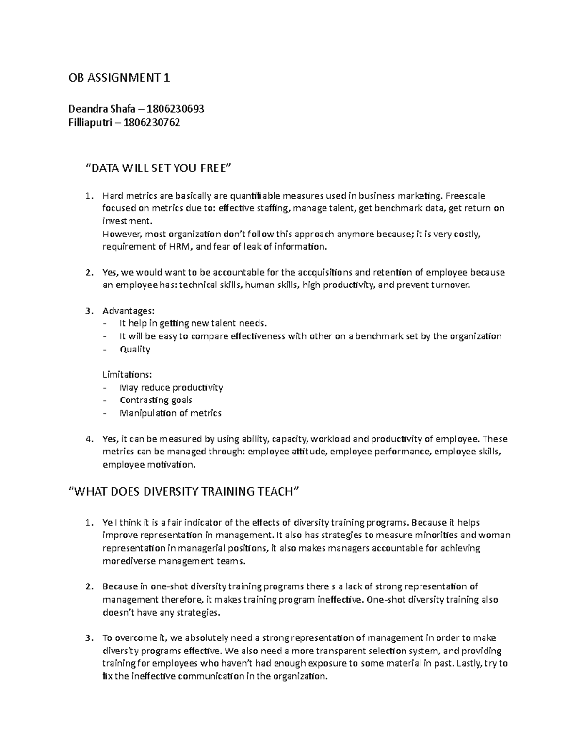 OB assignment 1 - organizational behavior - OB ASSIGNMENT 1 Deandra ...