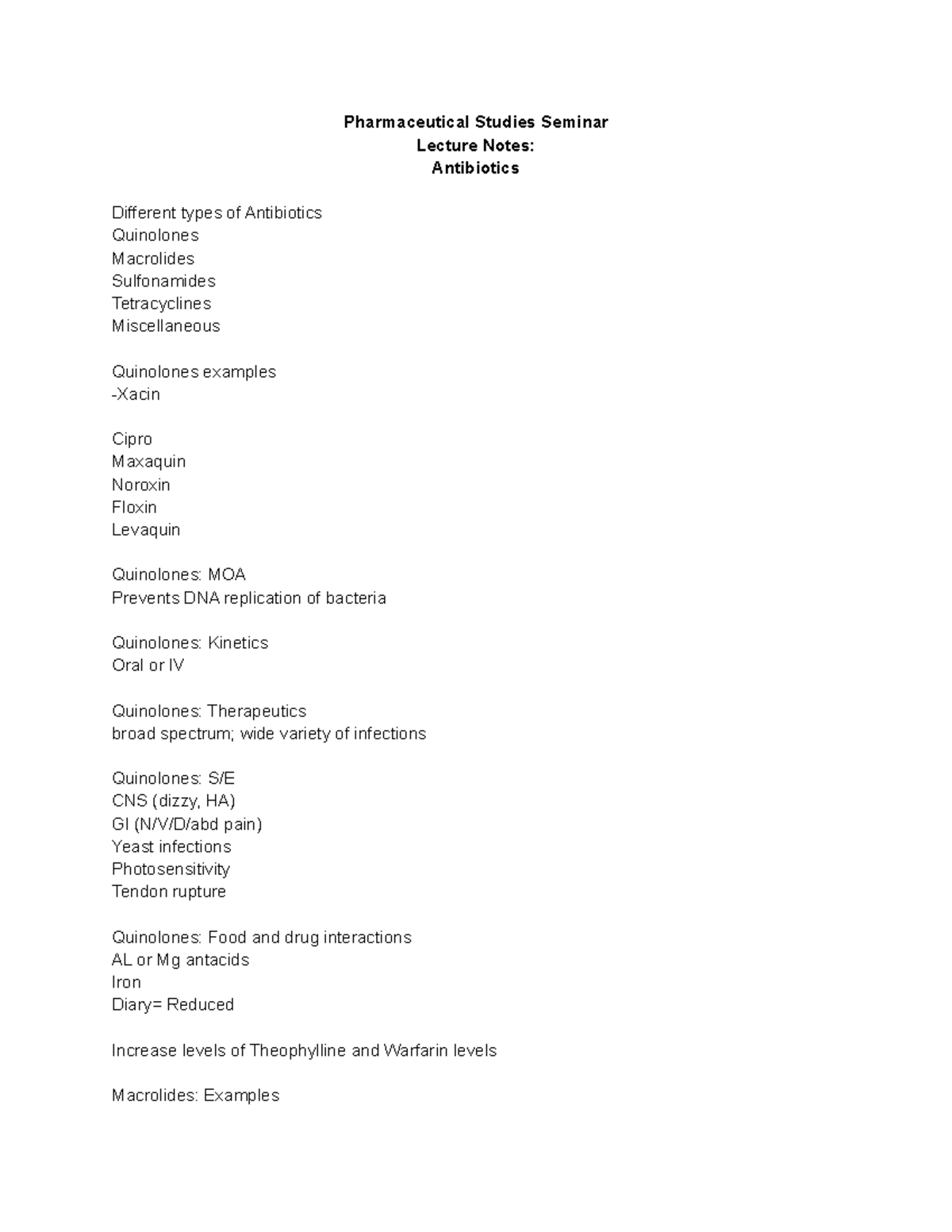 CEM 4030 Antibiotics Notes - Pharmaceutical Studies Seminar Lecture ...