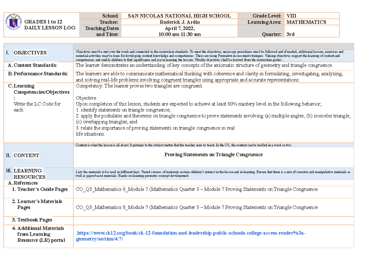 WEEK 7 3rd Quarter Daily Detailed Lesson Plan - GRADES 1 to 12 DAILY ...