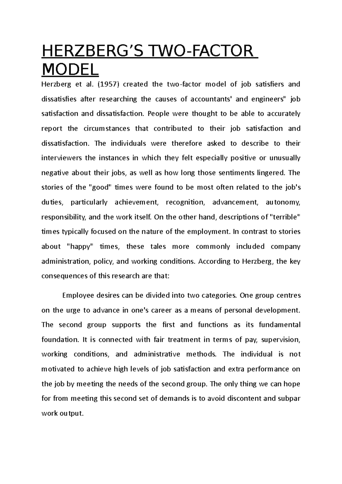 Herzberg’S TWO- Factor Model - HERZBERG’S TWO-FACTOR MODEL Herzberg et ...