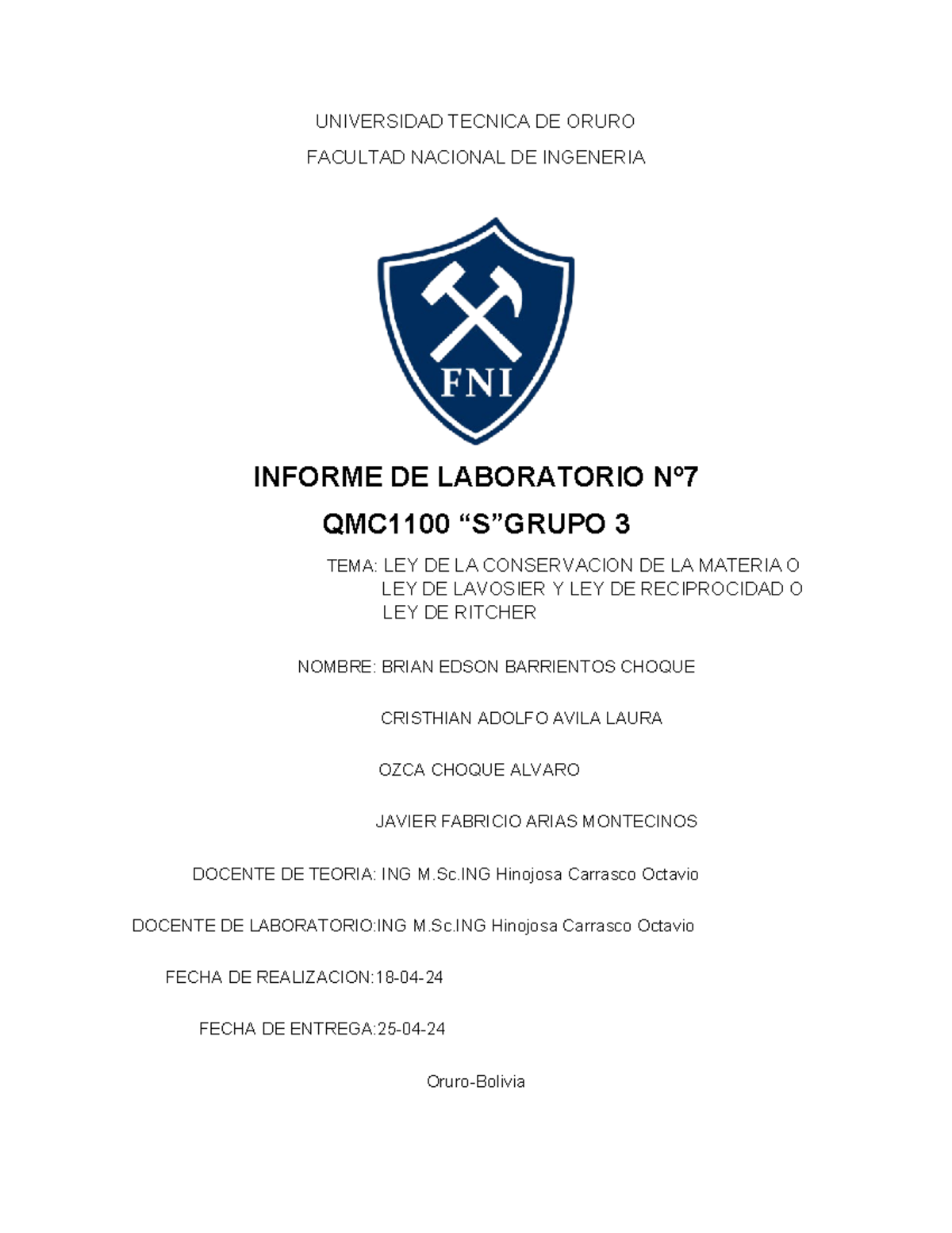 LAB 7 - lab fis - UNIVERSIDAD TECNICA DE ORURO FACULTAD NACIONAL DE INGENERIA INFORME DE ...