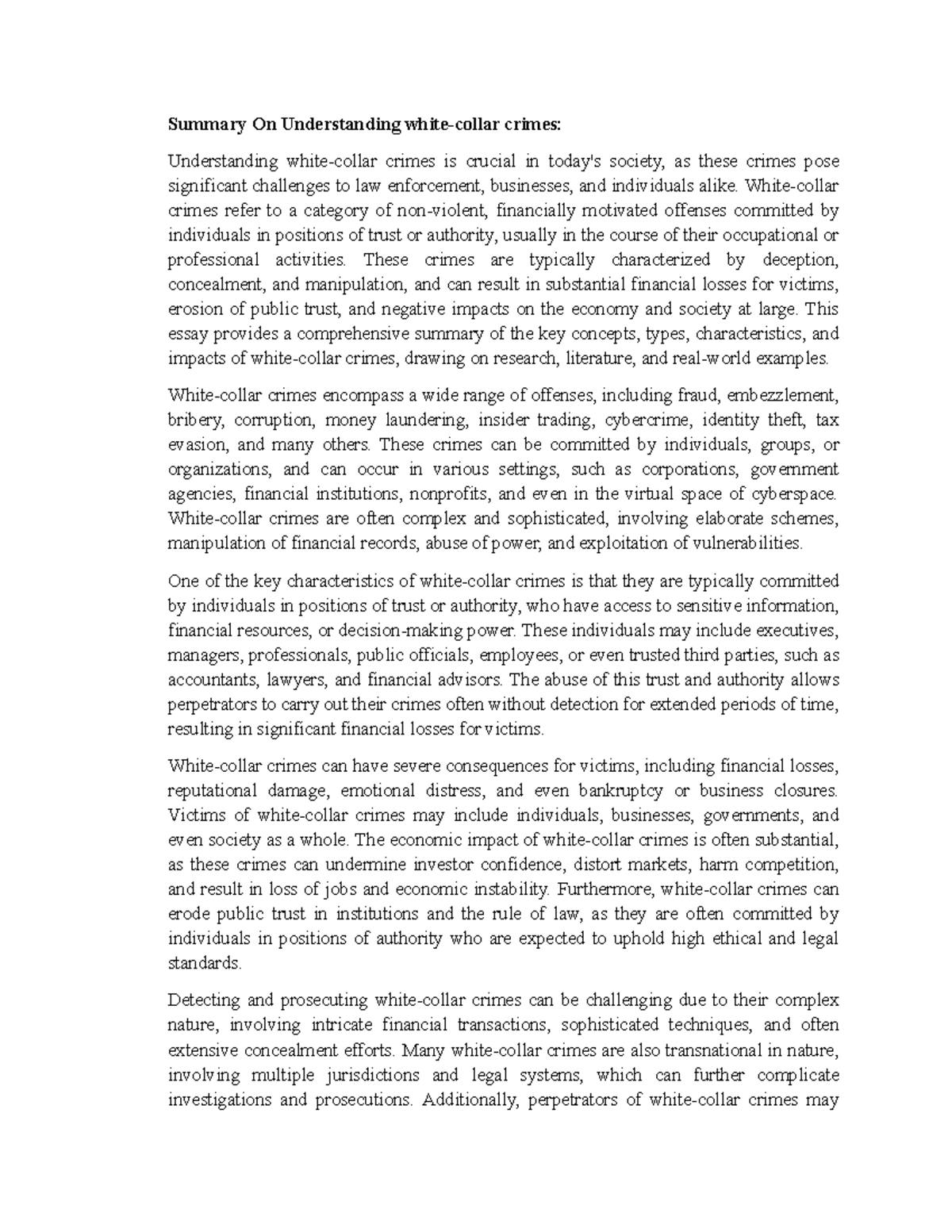 Summary On Understanding white-collar crimes - Summary On Understanding ...