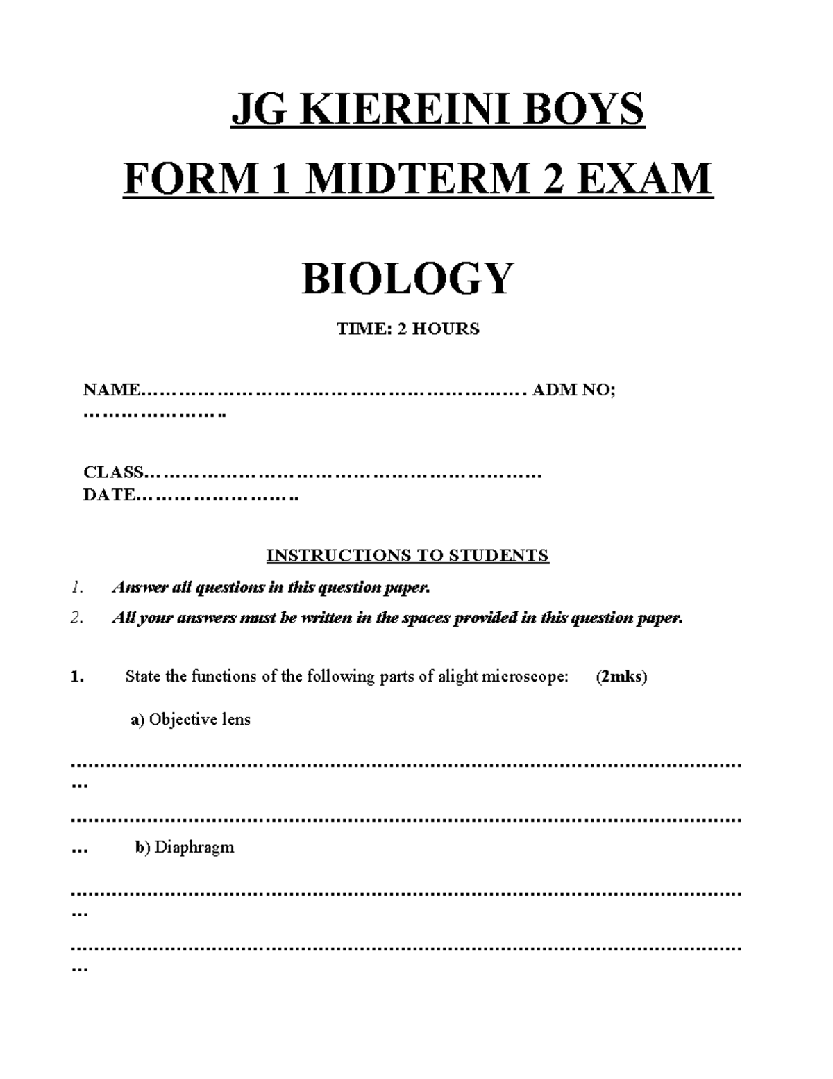 F1 Biology Midterm 2 - JG KIEREINI BOYS FORM 1 MIDTERM 2 EXAM BIOLOGY ...
