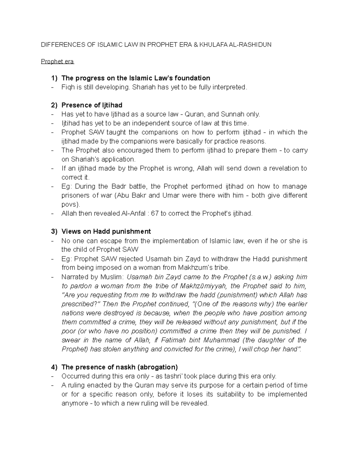 Differences OF Islamic LAW IN Prophet ERA & Khulafa AL- Rashidun ...