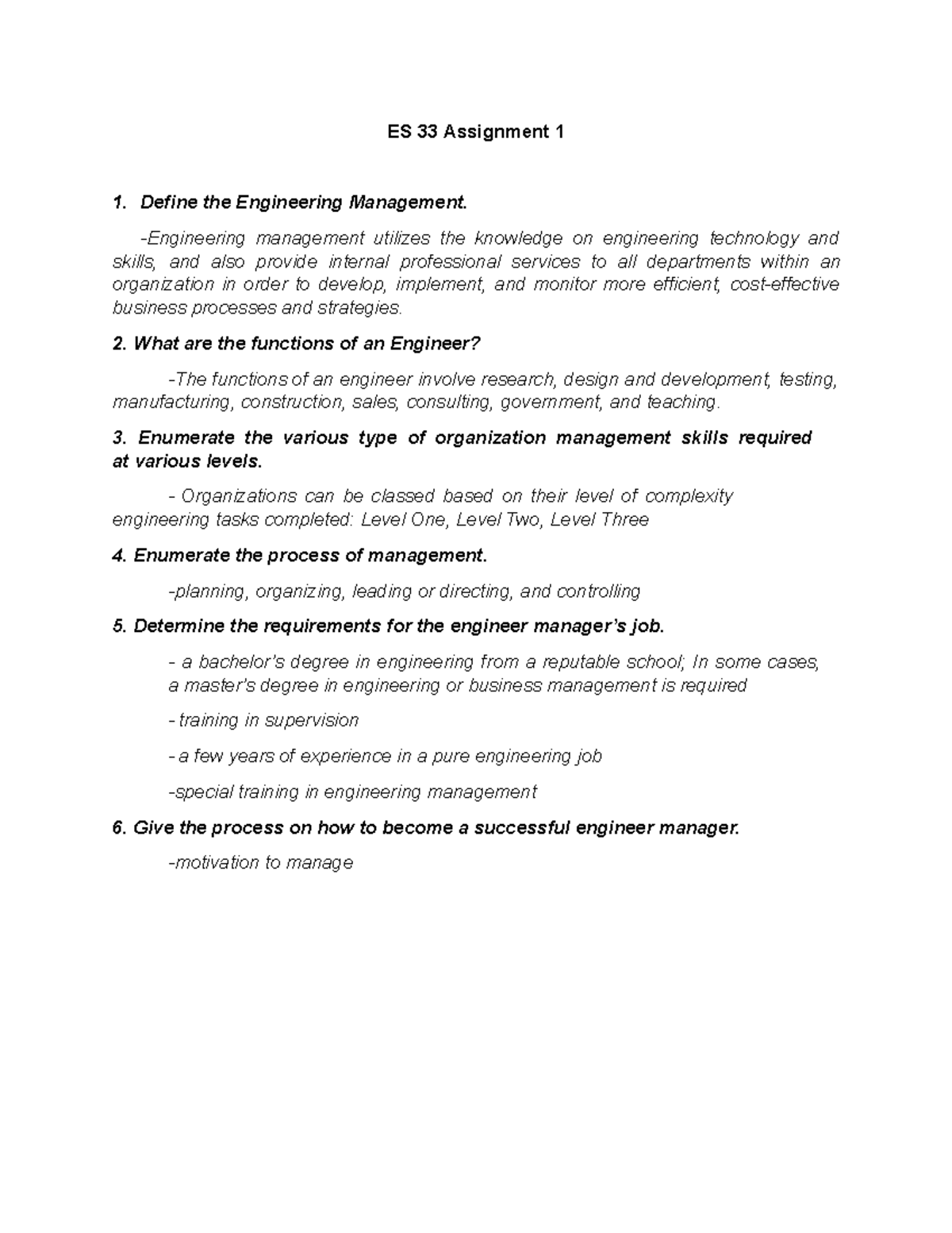 ES 33 Assignment 1 - ES33-Engineering Management - ES 33 Assignment 1 1 ...