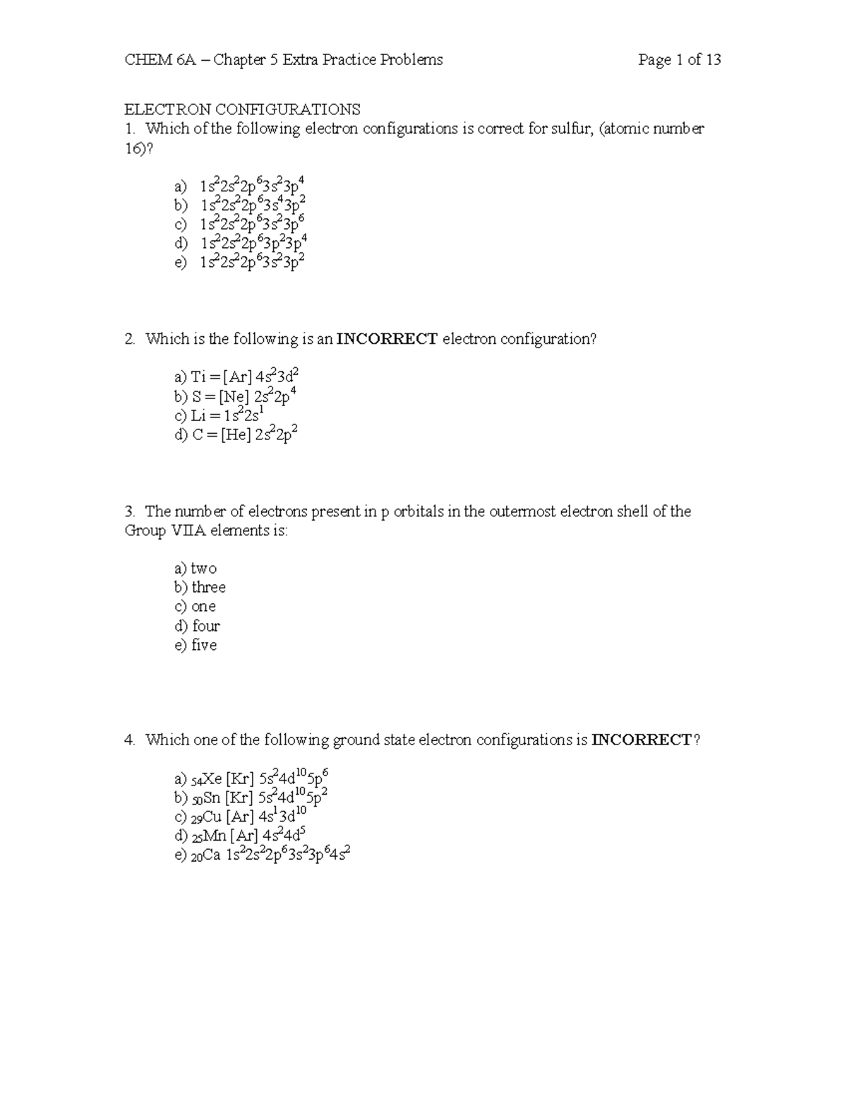 Ch5 - Dembinski Winter 2016 - CHEM 6A – Chapter 5 Extra Practice Problems Page 1 of 13 ELECTRON ...