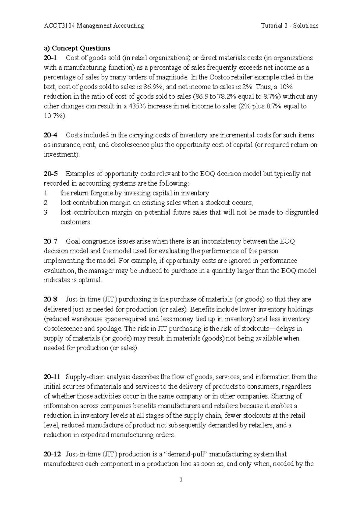 ACCT3104 Tute 3 Solutions - a) Concept Questions 20-1 Cost of goods ...