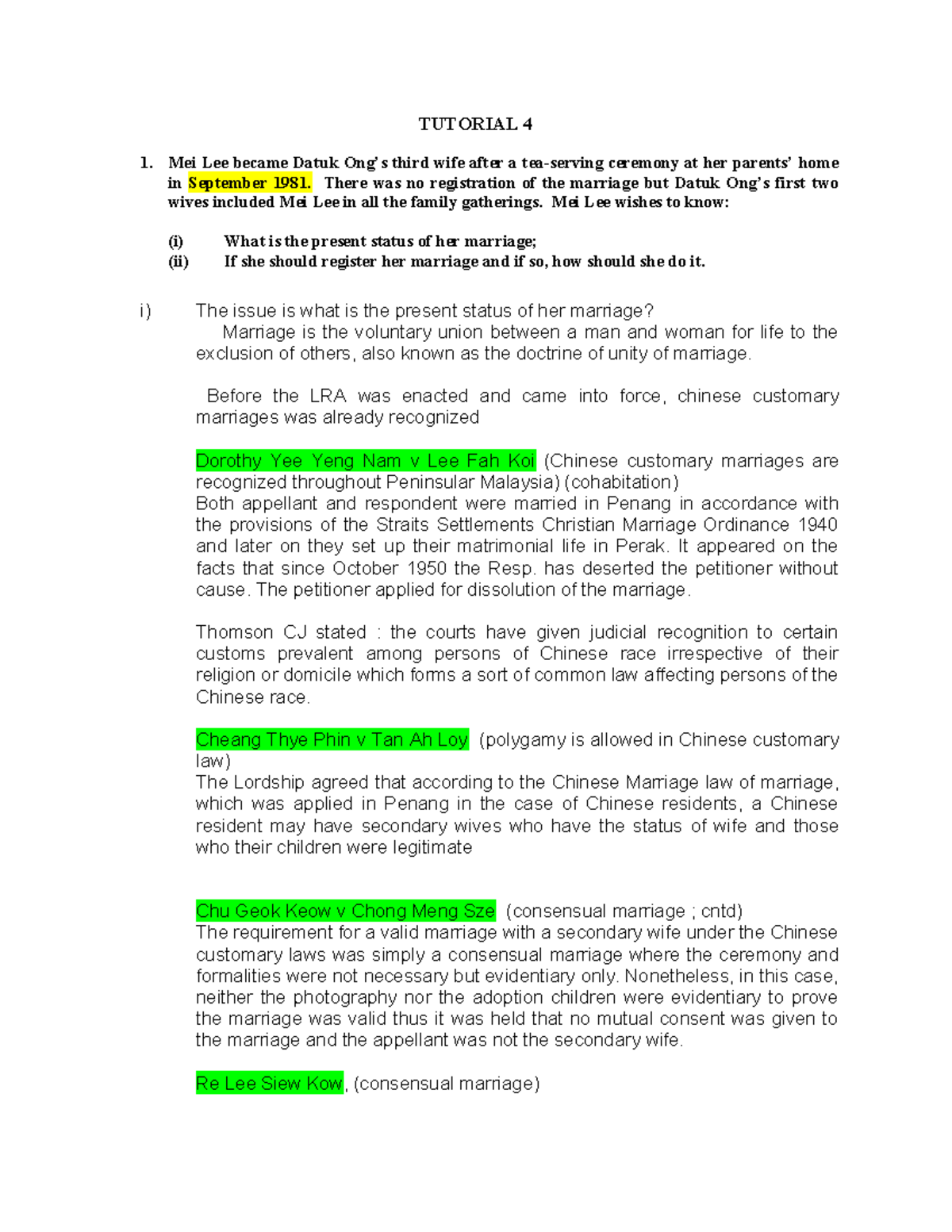 Tutorial 4 - TUTORIAL 4 1. Mei Lee became Datuk Ong’s third wife after a tea-serving ceremony at ...