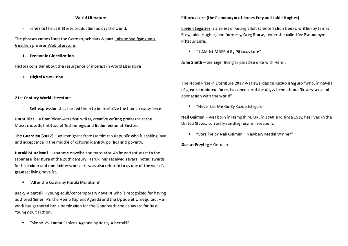 World-Literature-Notes - World Literature refers to the vast literay ...
