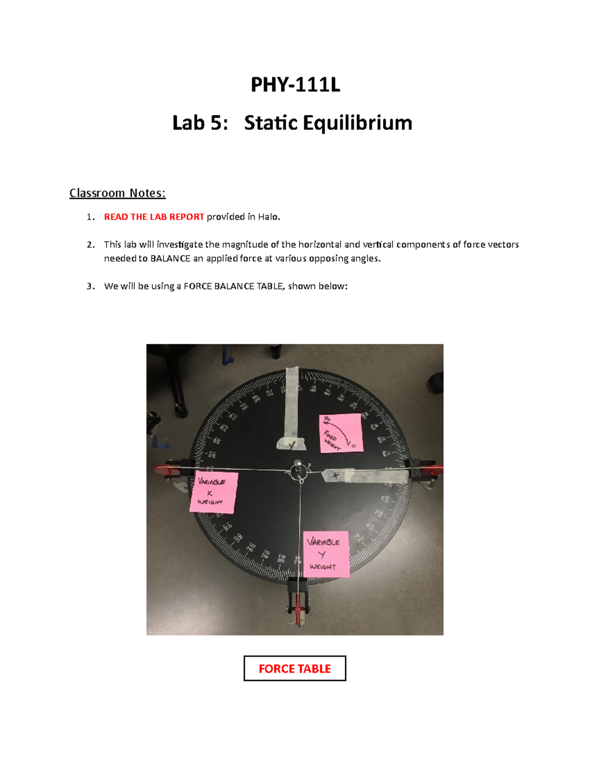 PHY-111L Class Notes - Lab 5 Static Equilibrium - PHY-111L Lab 5 ...