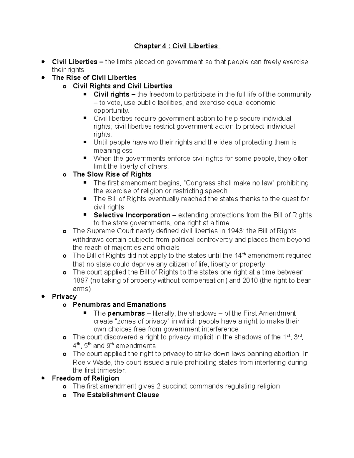Chapter 4 Notes - Civil Liberties - Chapter 4 : Civil Liberties Civil ...