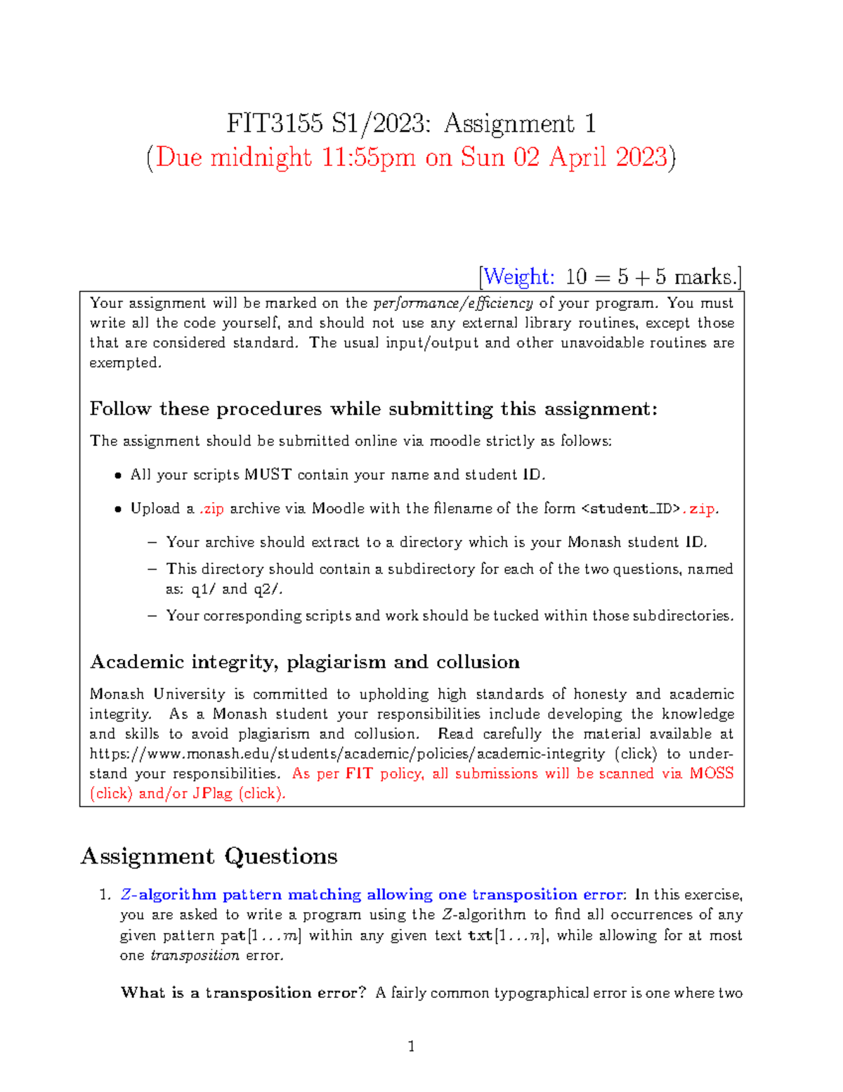 Assignment instructions - FIT3155 S1/2023: Assignment 1 (Due midnight 11:55pm on Sun 02 April ...