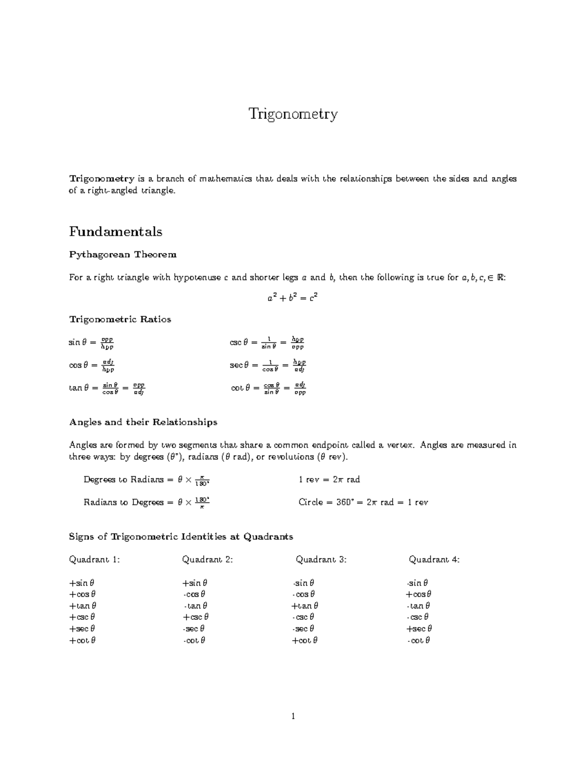 Trigonometric Formulas - Trigonometry Trigonometry is a branch of ...