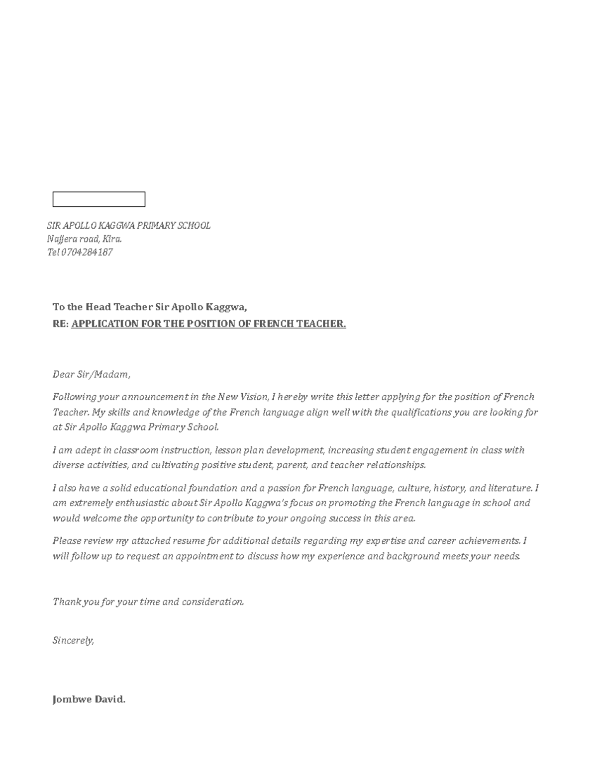 Cover letter-french tr - To the Head Teacher Sir Apollo Kaggwa, RE ...