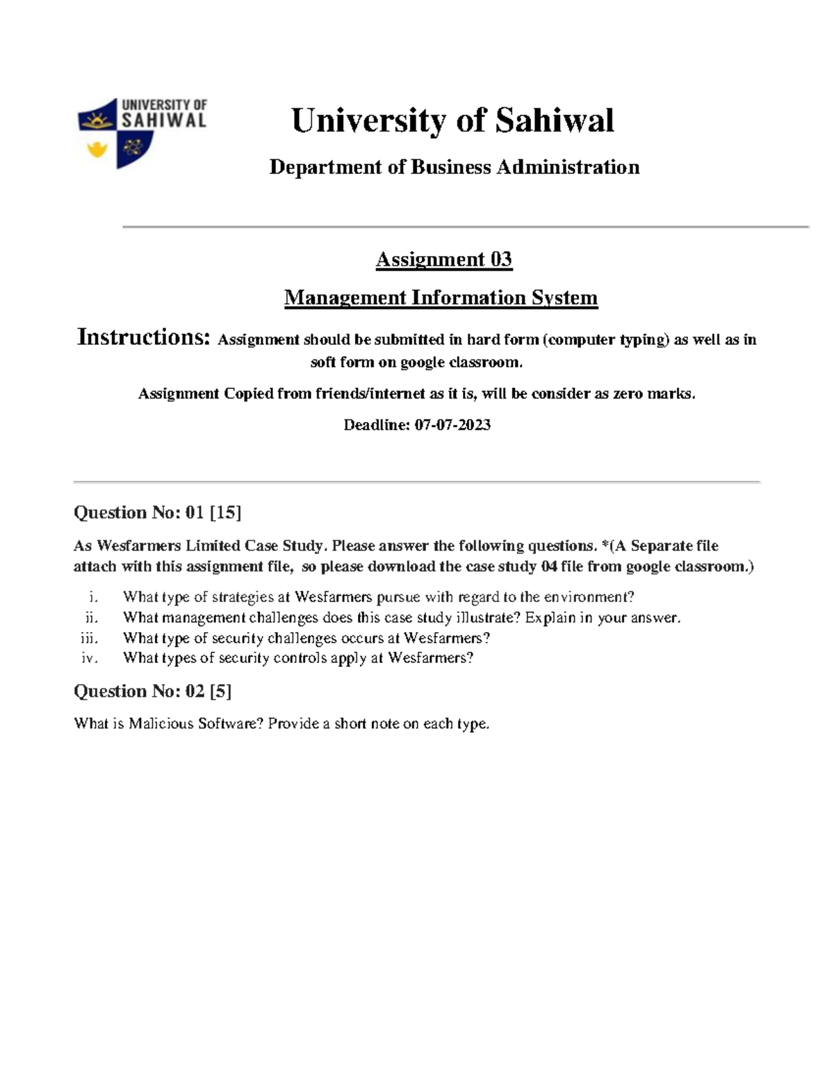 Assignment 03 - University of Sahiwal Department of Business Administration Assignment 03 ...