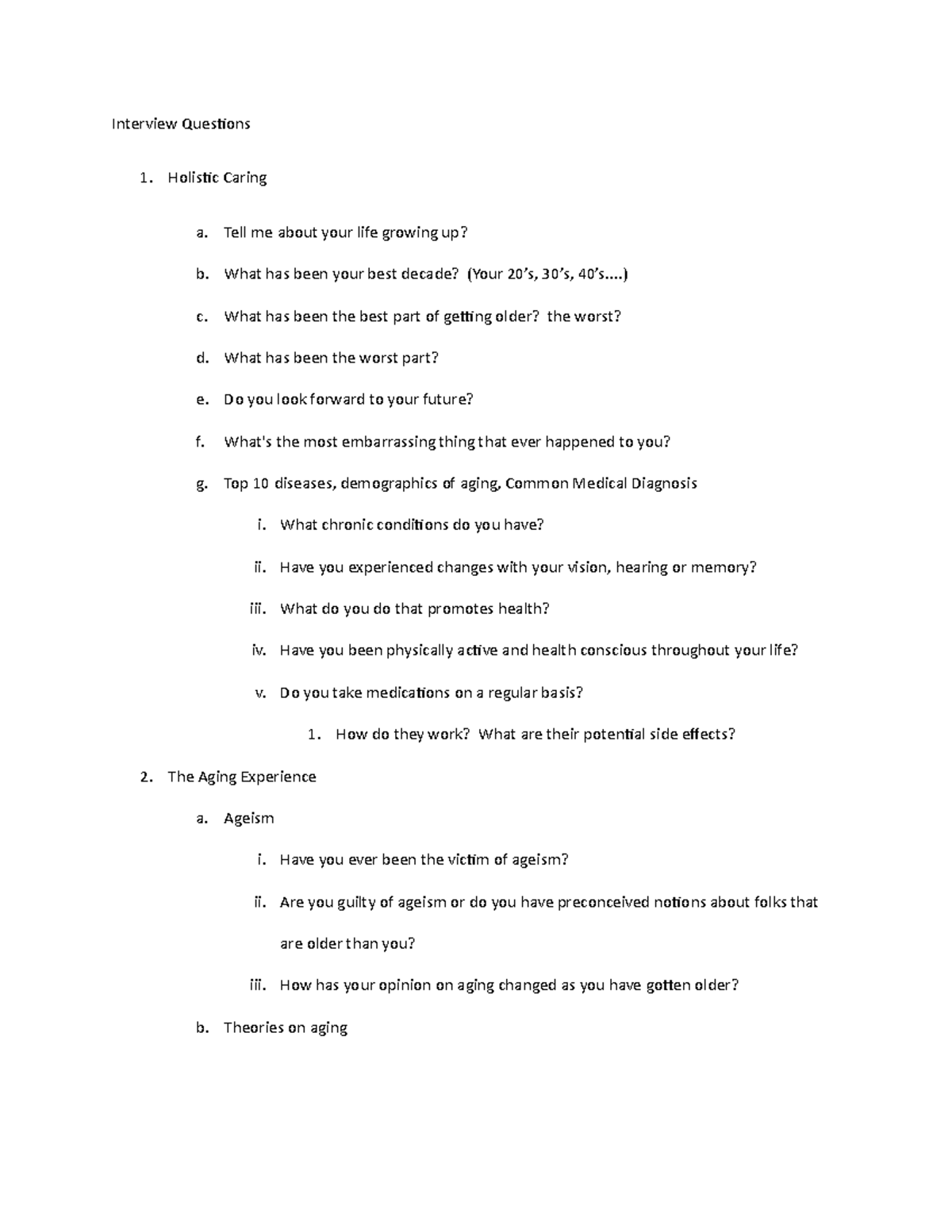 Geriatrics Outline - Interview Questions Holistic Caring a. Tell me ...