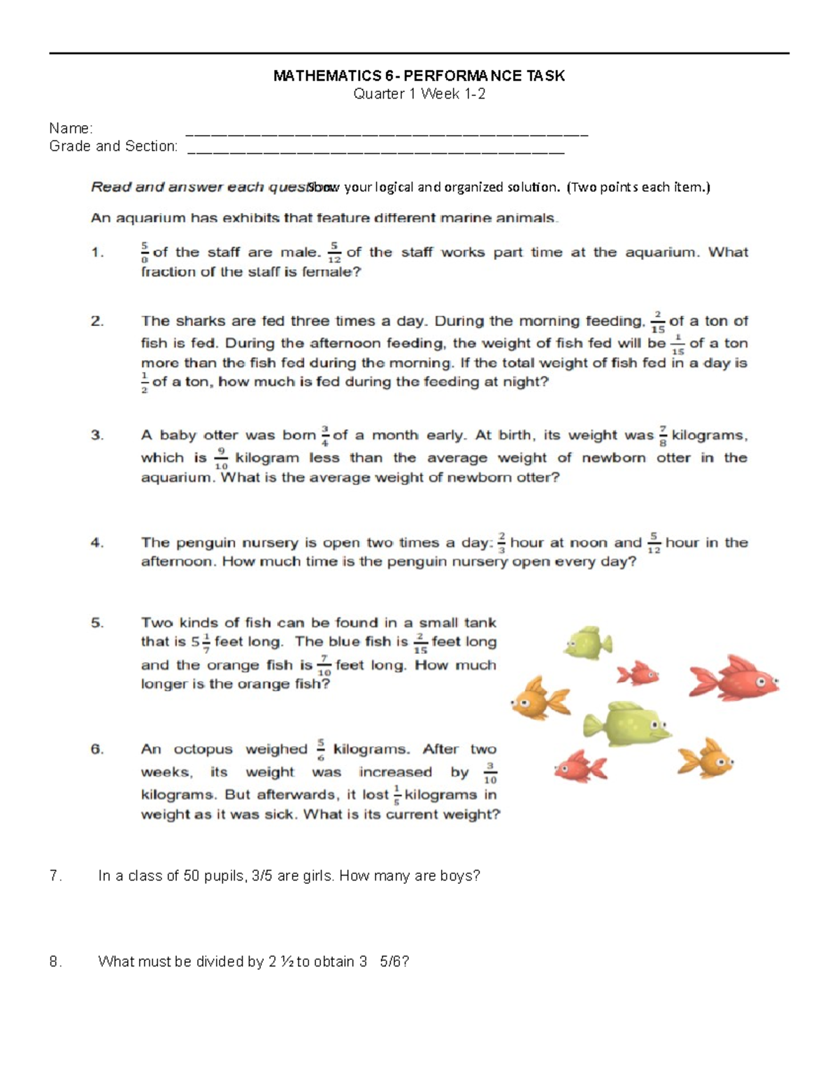 Performance Task (Q1W1-2) - MATHEMATICS 6- PERFORMANCE TASK Quarter 1 ...