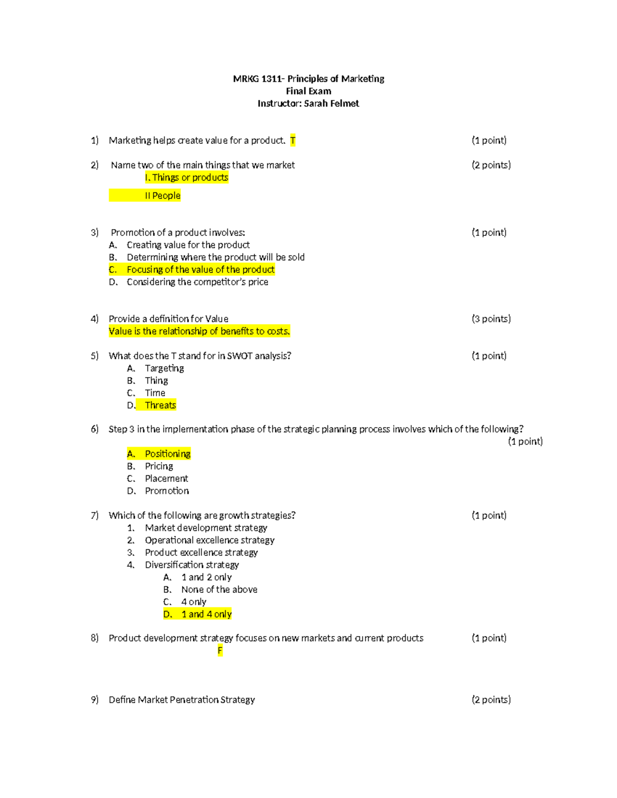 Final exam version 2 - MRKG 1311- Principles of Marketing Final Exam ...