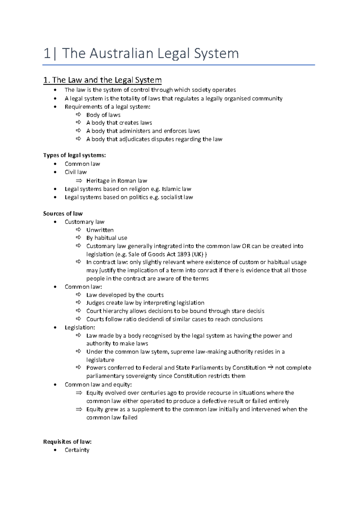 CLAW1001 Full Notes - 1| The Australian Legal System 1. The Law and the ...