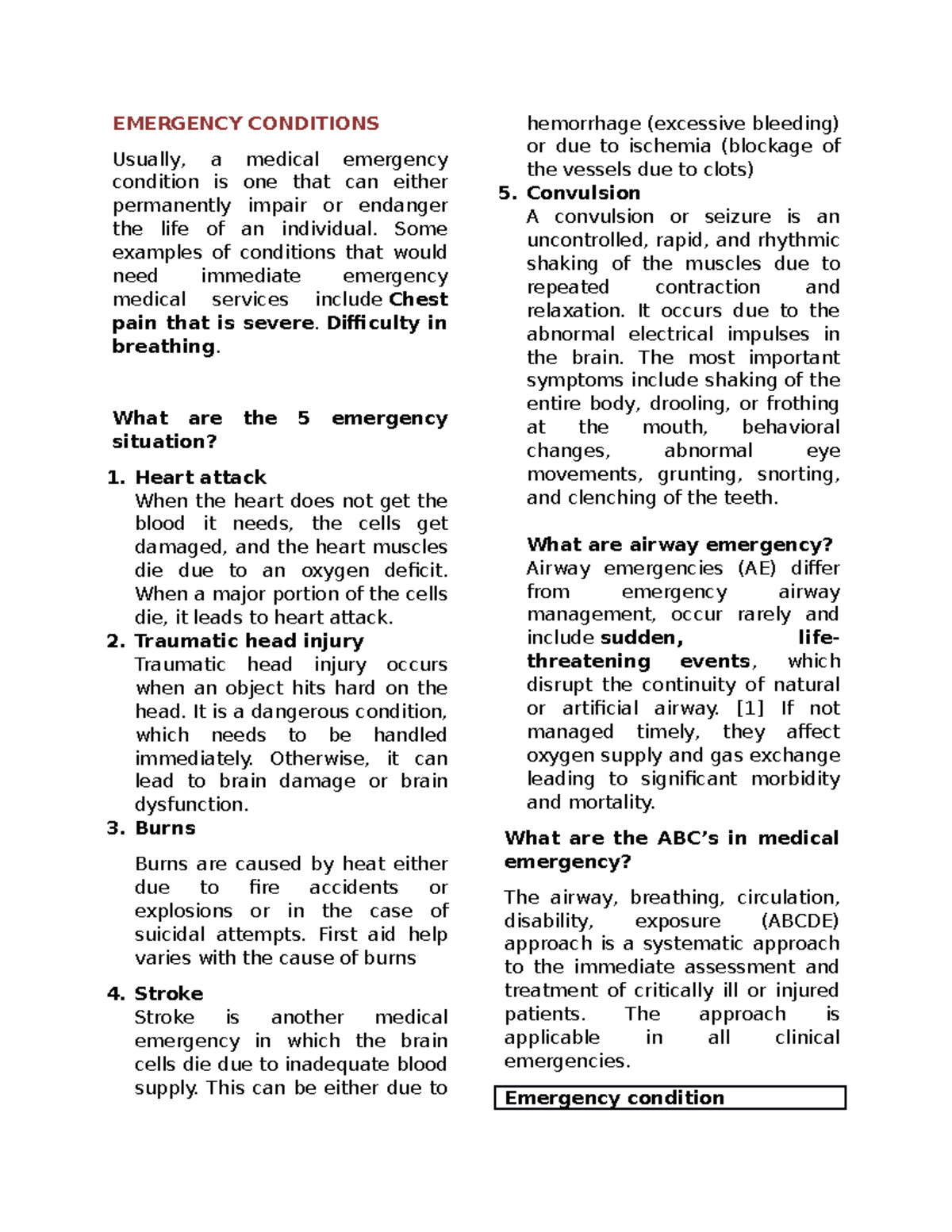 Emergency Conditions NCM-118 lecture - EMERGENCY CONDITIONS Usually, a ...