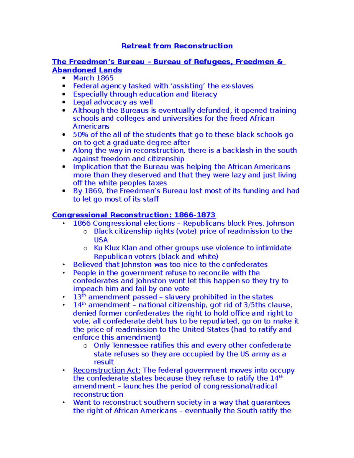 Retreat from Reconstruction - Johnson o Black citizenship rights (vote ...