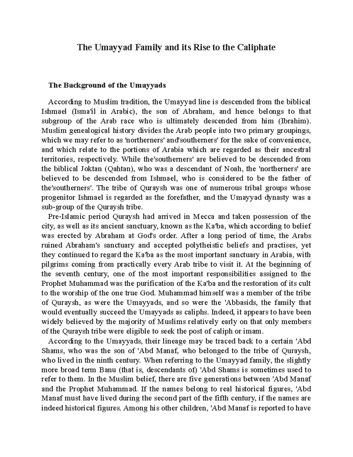 The Umayyad Family and its Rise to the Caliphate - Muslim genealogical ...