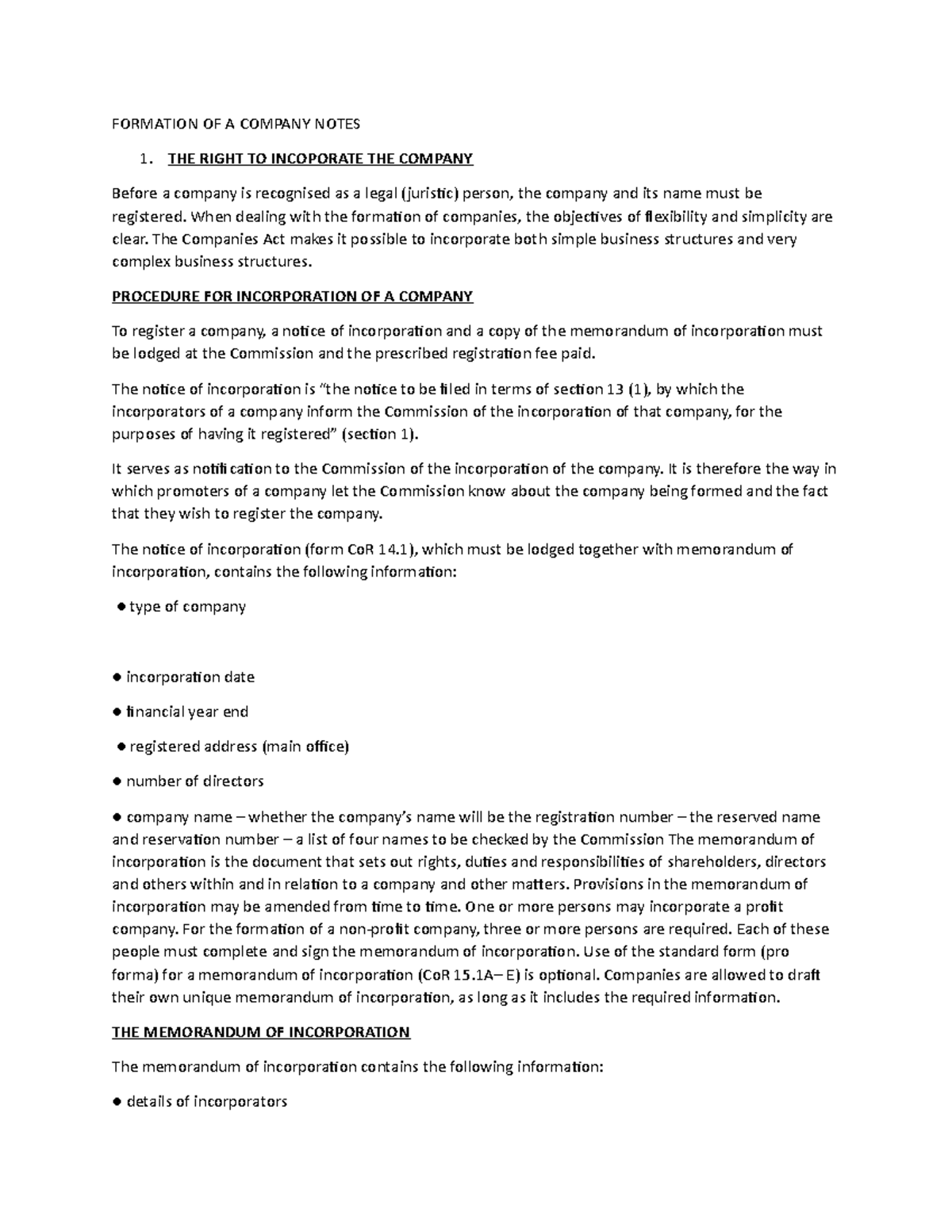 Formation OF A Company Notes - FORMATION OF A COMPANY NOTES 1. THE ...