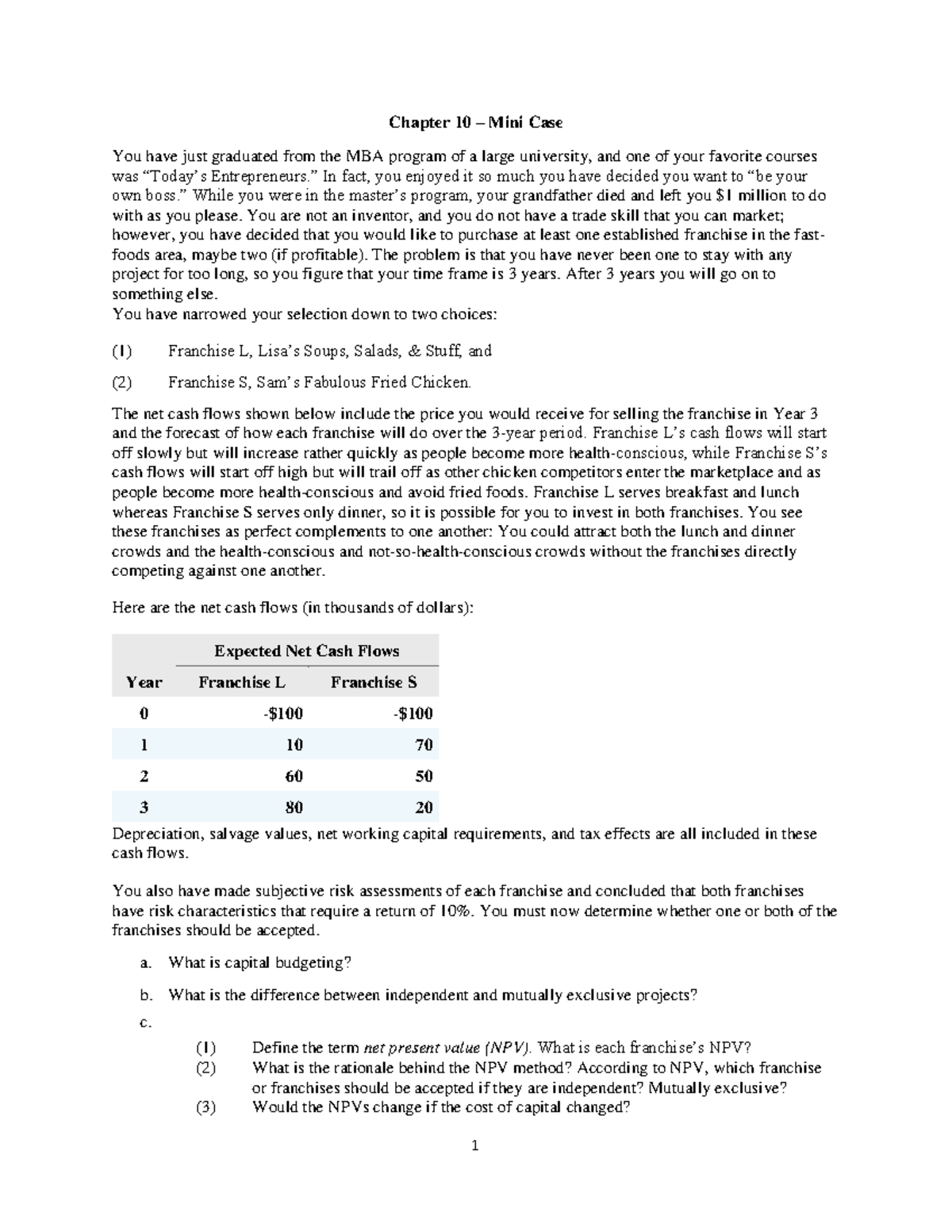 Chapter 10 Mini Case - practice for exam 2 - 1 Chapter 10 – Mini Case ...