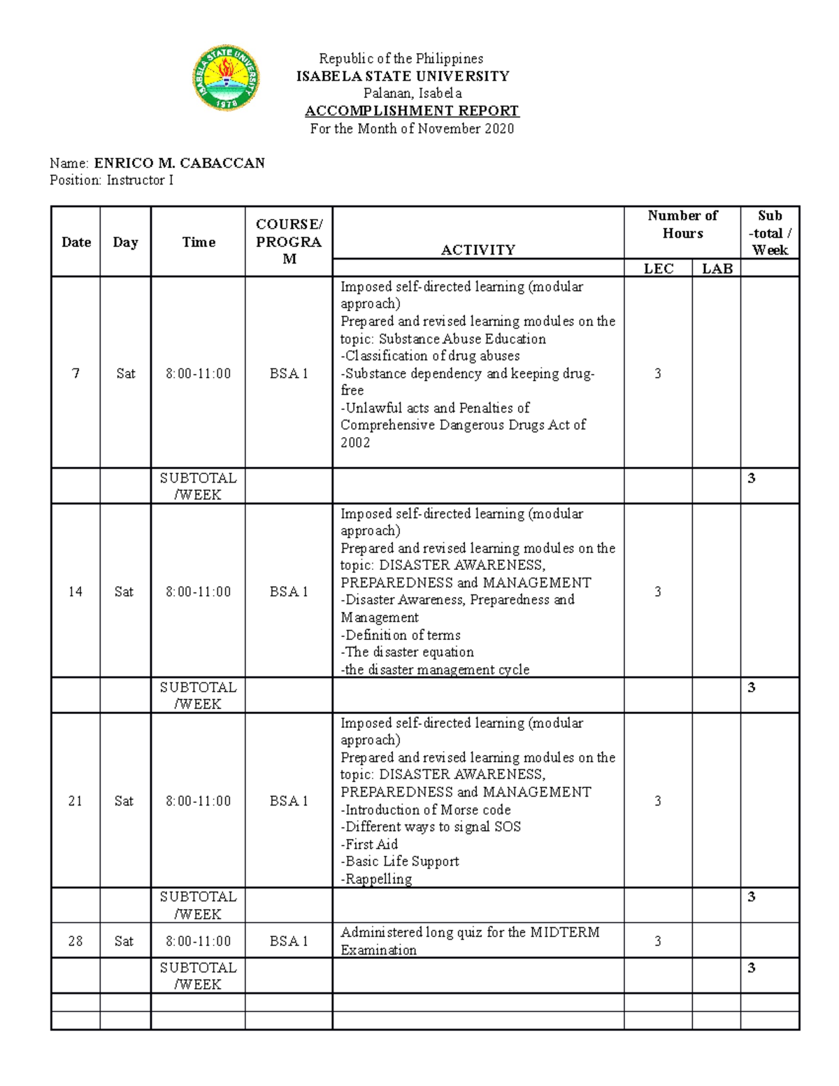 ACC- Report-NSTP-November-2020 Cabaccan - Republic of the Philippines ...