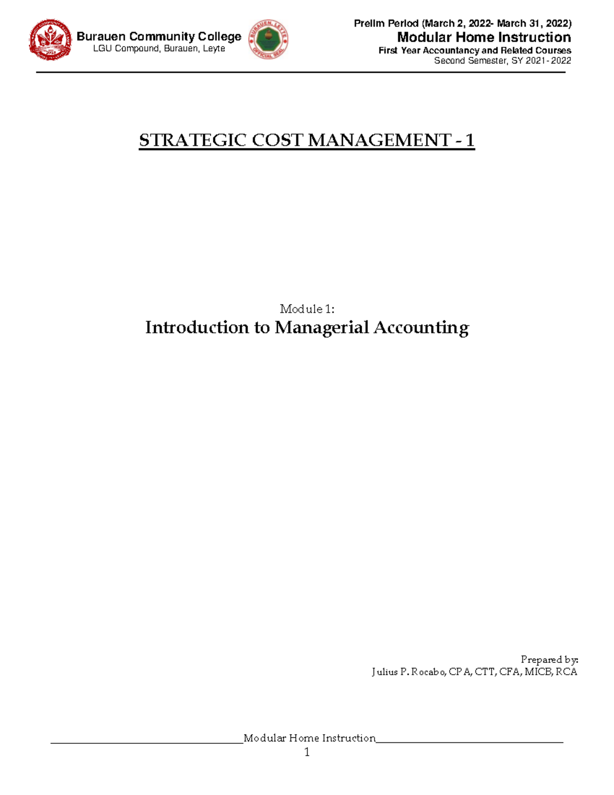 Strategic Cost Management Module 1 - _Modular Home Instruction Burauen ...
