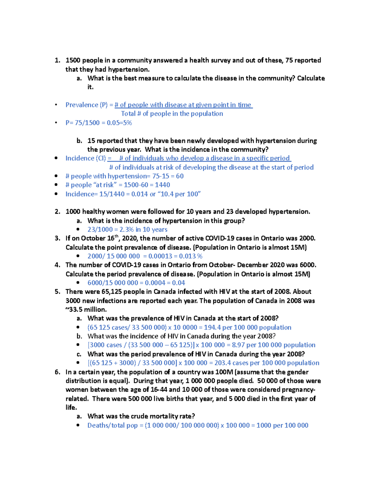 Epi Questions with Answers. - 1500 people in a community answered a ...