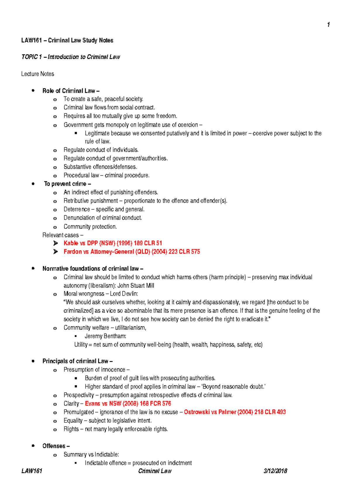 LAW161 Study notes - 1 LAW161 Criminal Law Study Notes TOPIC 1 ...