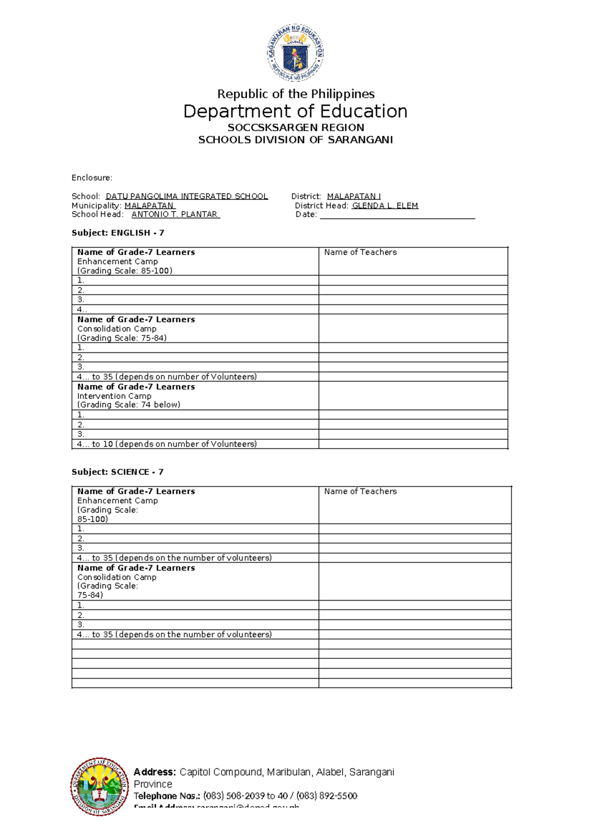 NLC- Template - Address: Capitol Compound, Maribulan, Alabel, Sarangani ...