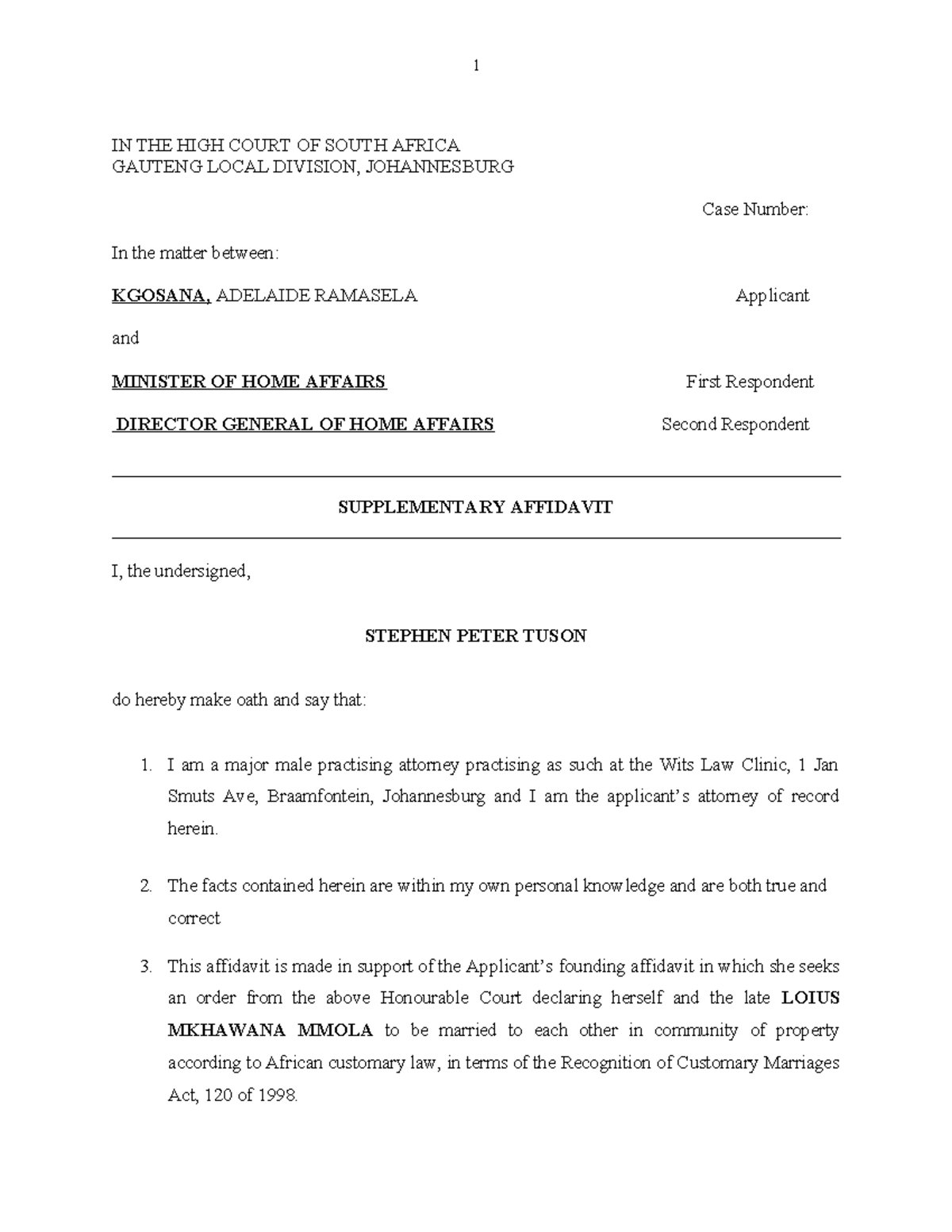 Supplmentary Affidavit 2019 - 1 IN THE HIGH COURT OF SOUTH AFRICA ...