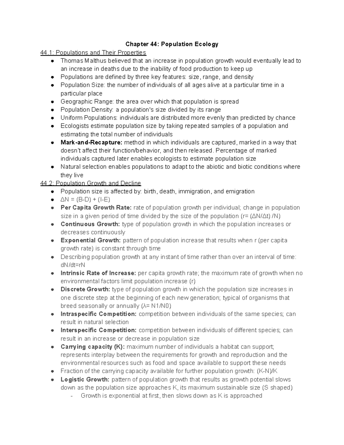 Biology 1108 Chapter 44 Notes - Chapter 44: Population Ecology 44 ...