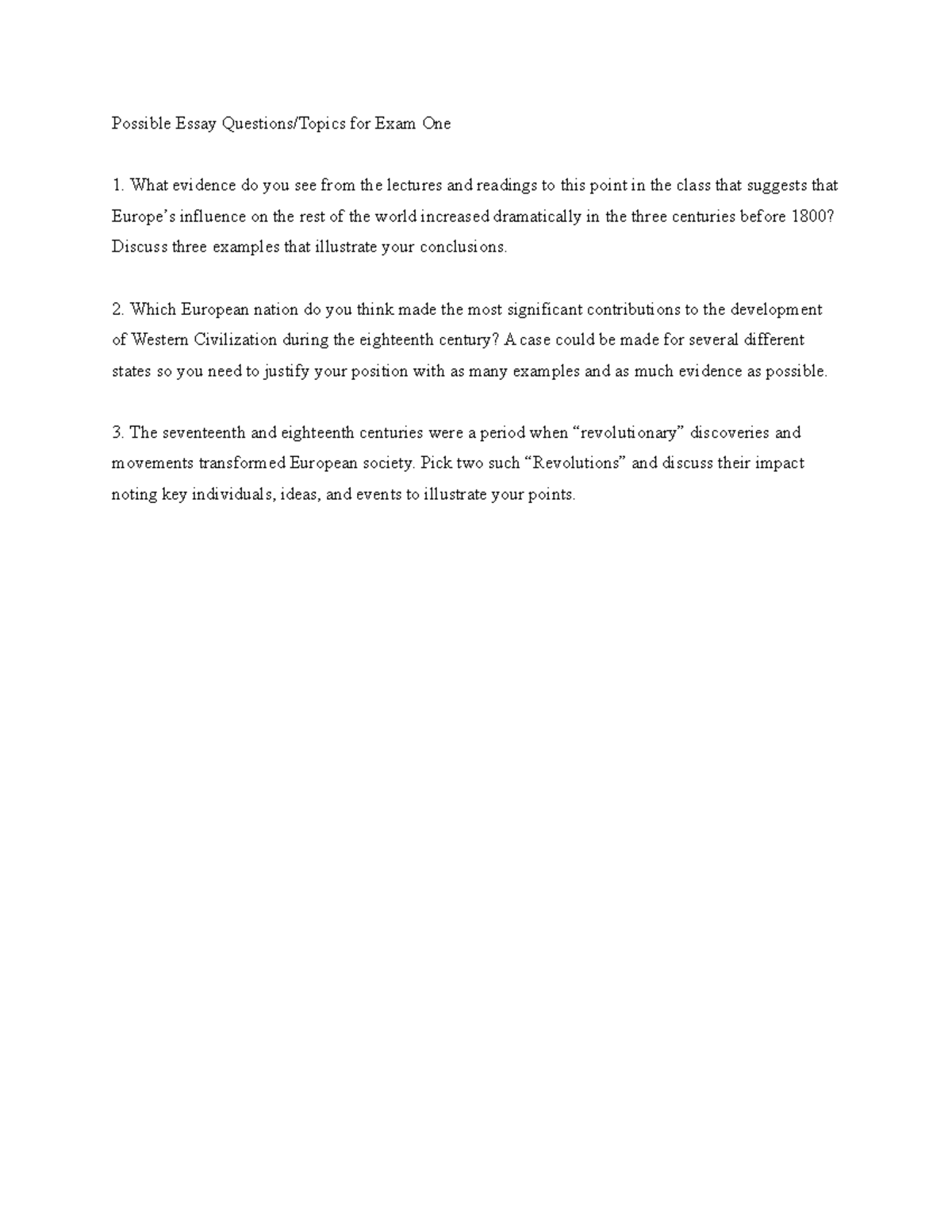 Possible Essay Questions for Exam One - Possible Essay Questions/Topics ...