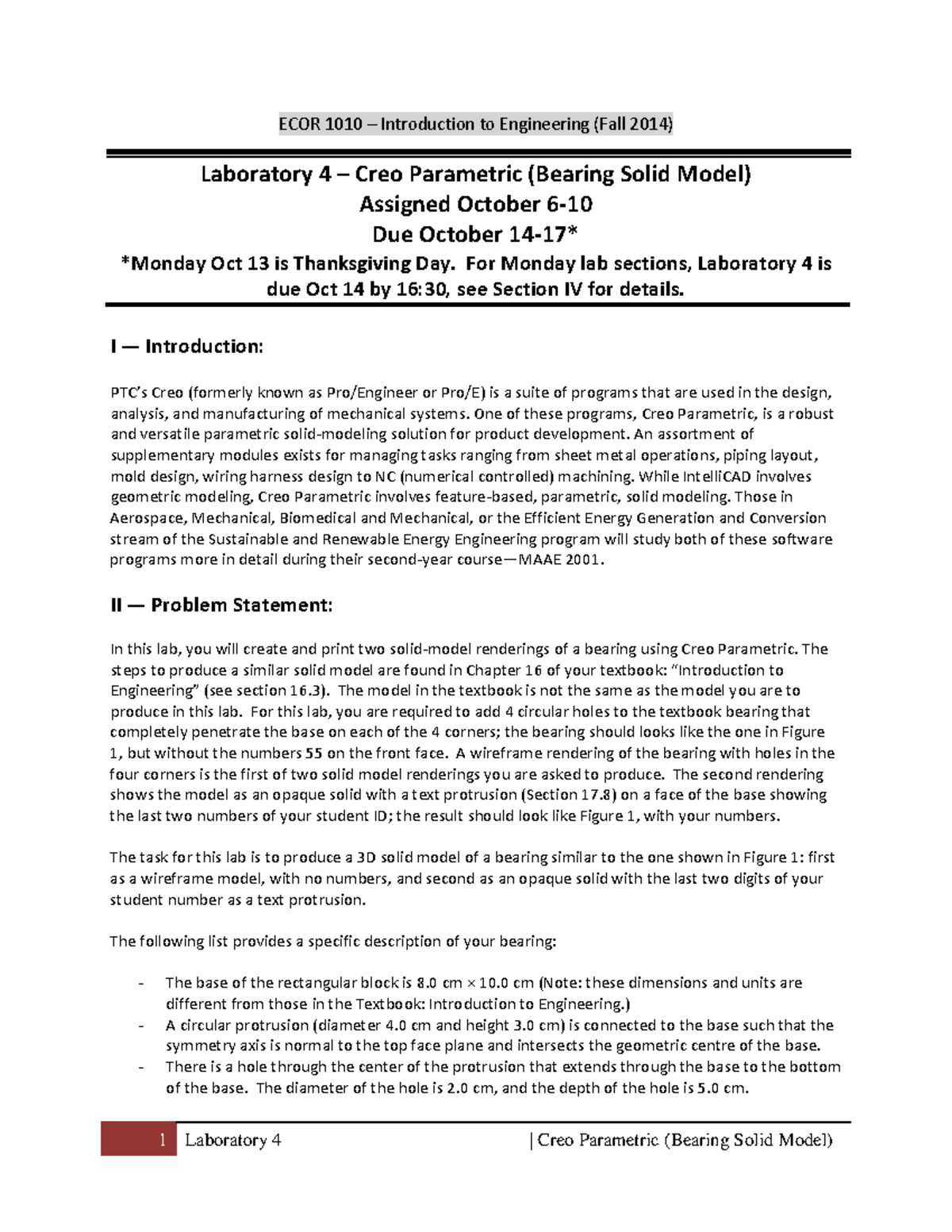Practical, Lab 4, Creo Parametric (Bearing Solid Model) - ECOR 1010 – Introduction to ...
