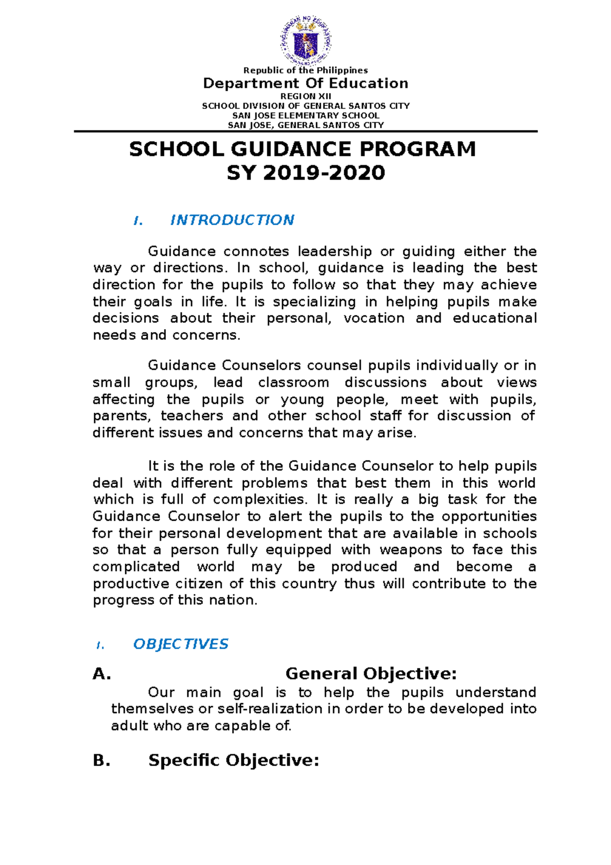 Guidance program 2020 - Department Of Education REGION XII SCHOOL ...
