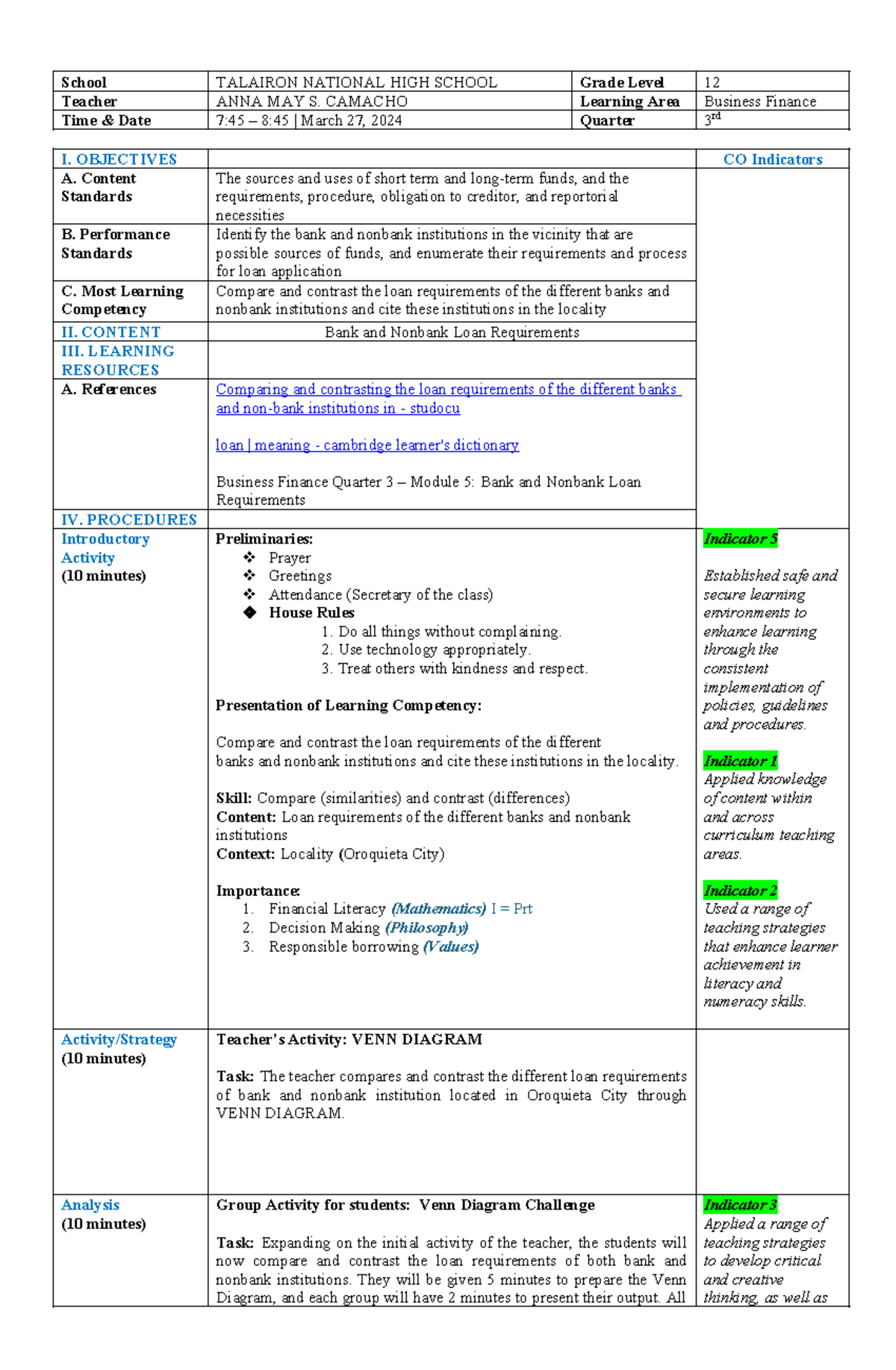 Lesson Plan in Business Finance - School TALAIRON NATIONAL HIGH SCHOOL ...