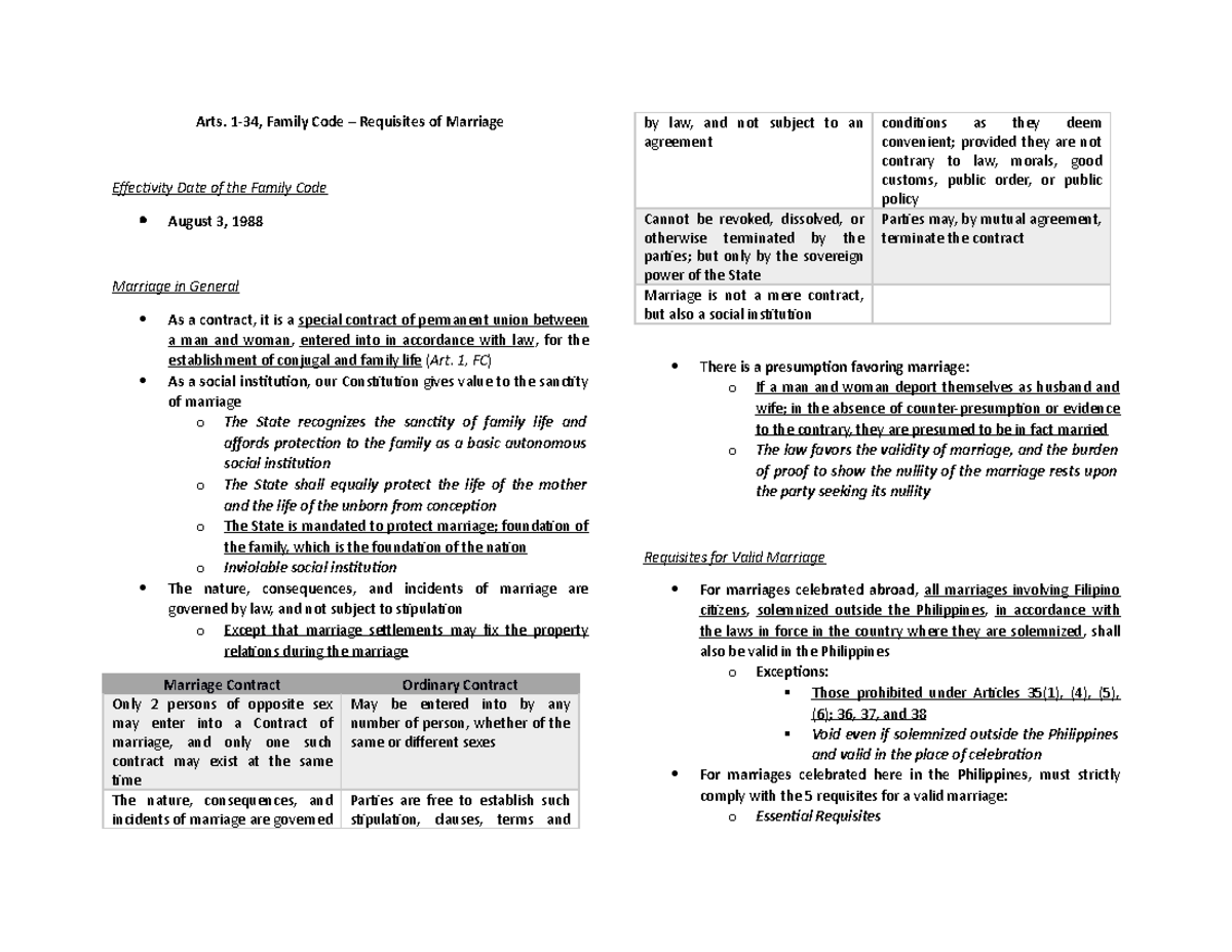 Arts. 1-34, Family Code – Requisites of Marriage, Marriages Exempt from ...